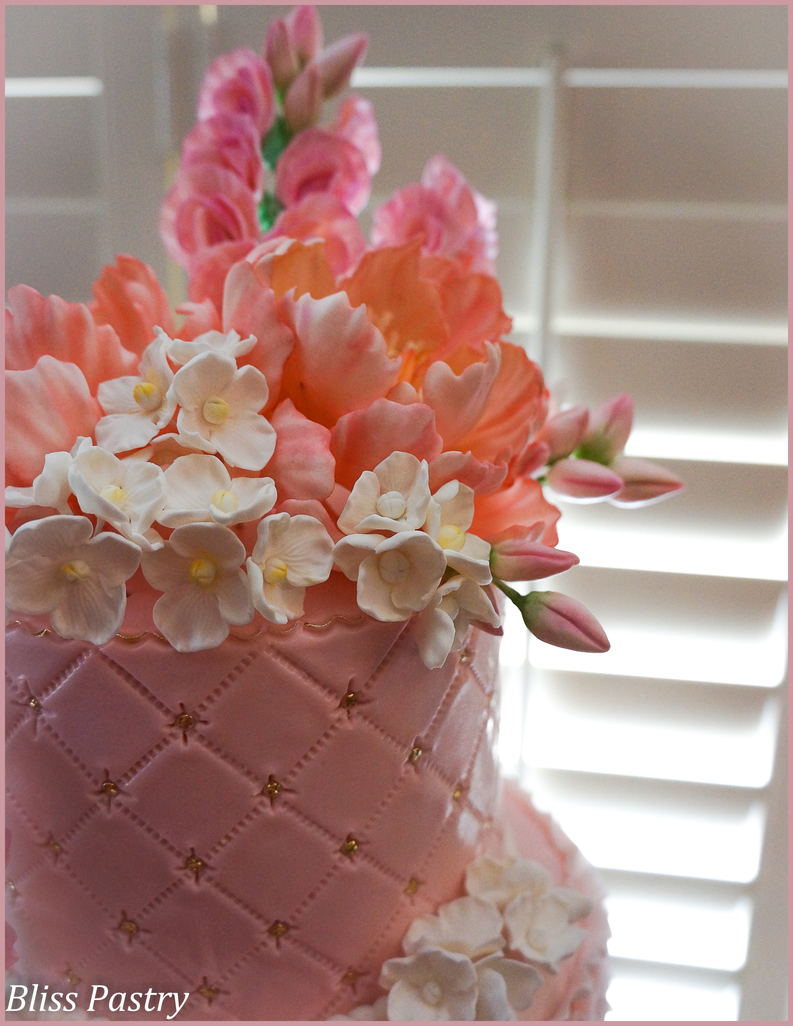 Blush Pink Wedding Cake With Ruffles Peonies Sweet Peas And Hydrangea - CakeCentral.com