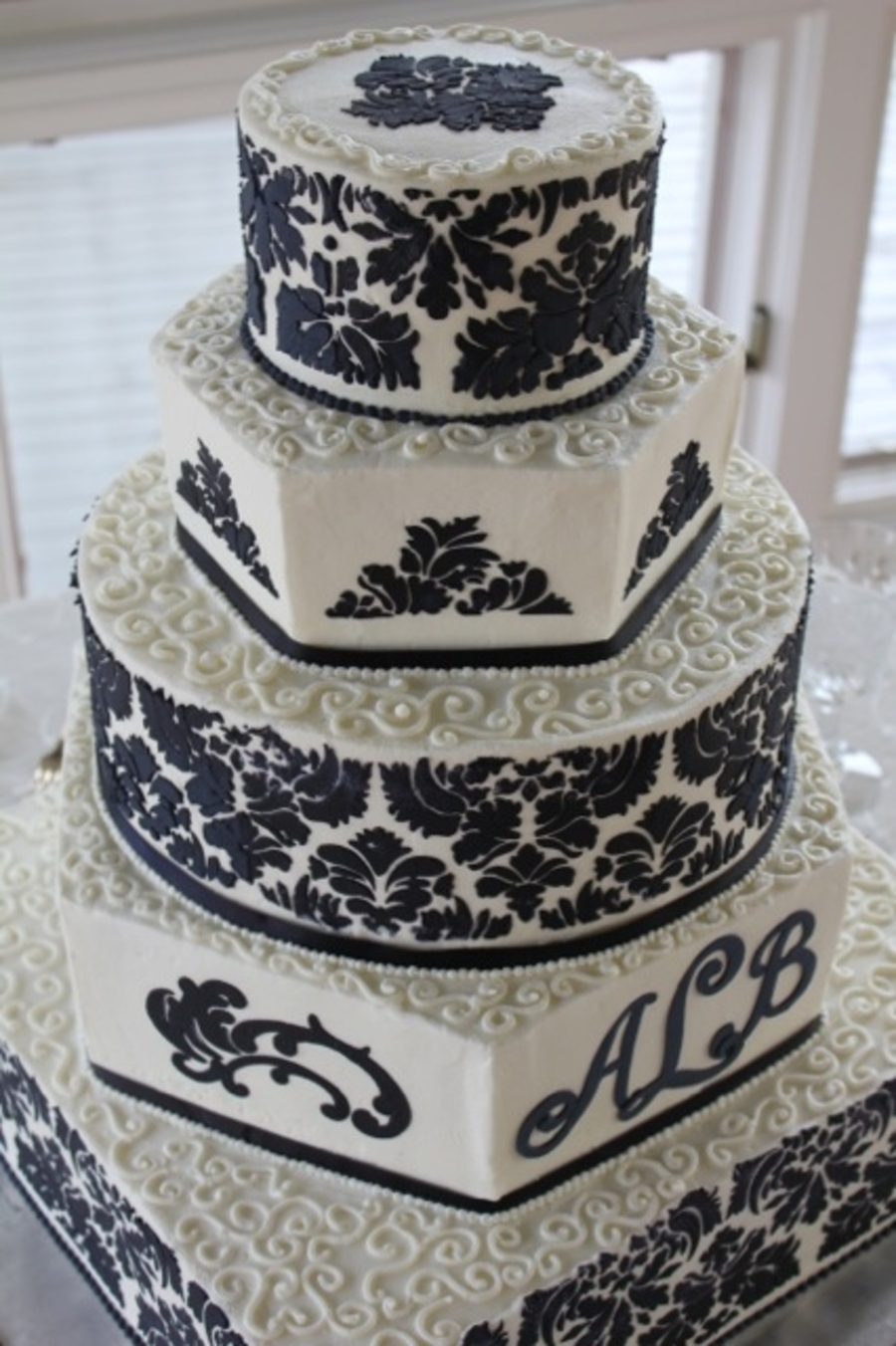 Navy Damask Monogram & Scrolls - CakeCentral.com