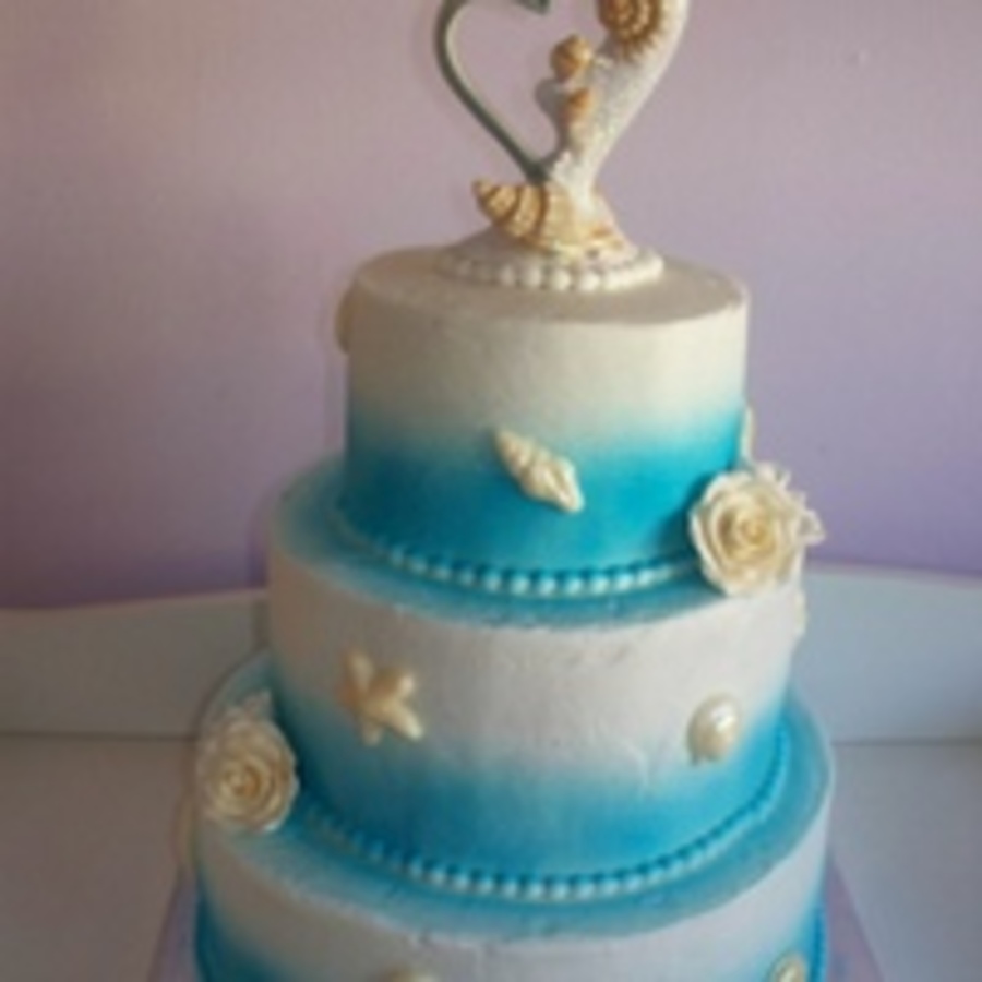 Beach Themed Wedding Cake All Butter Cream With Chocolate Shells - CakeCentral.com