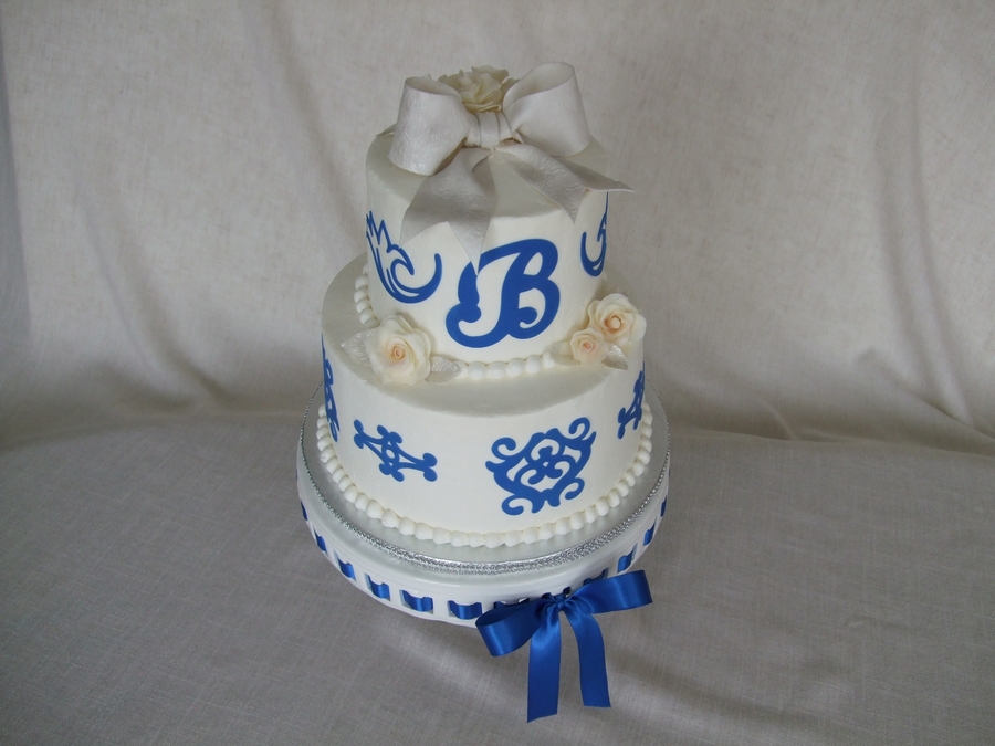 Monogram Blue And Silver Bridal Shower Cake - CakeCentral.com