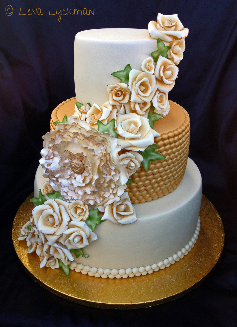 Gold And Ivory Themed Wedding Cake - CakeCentral.com