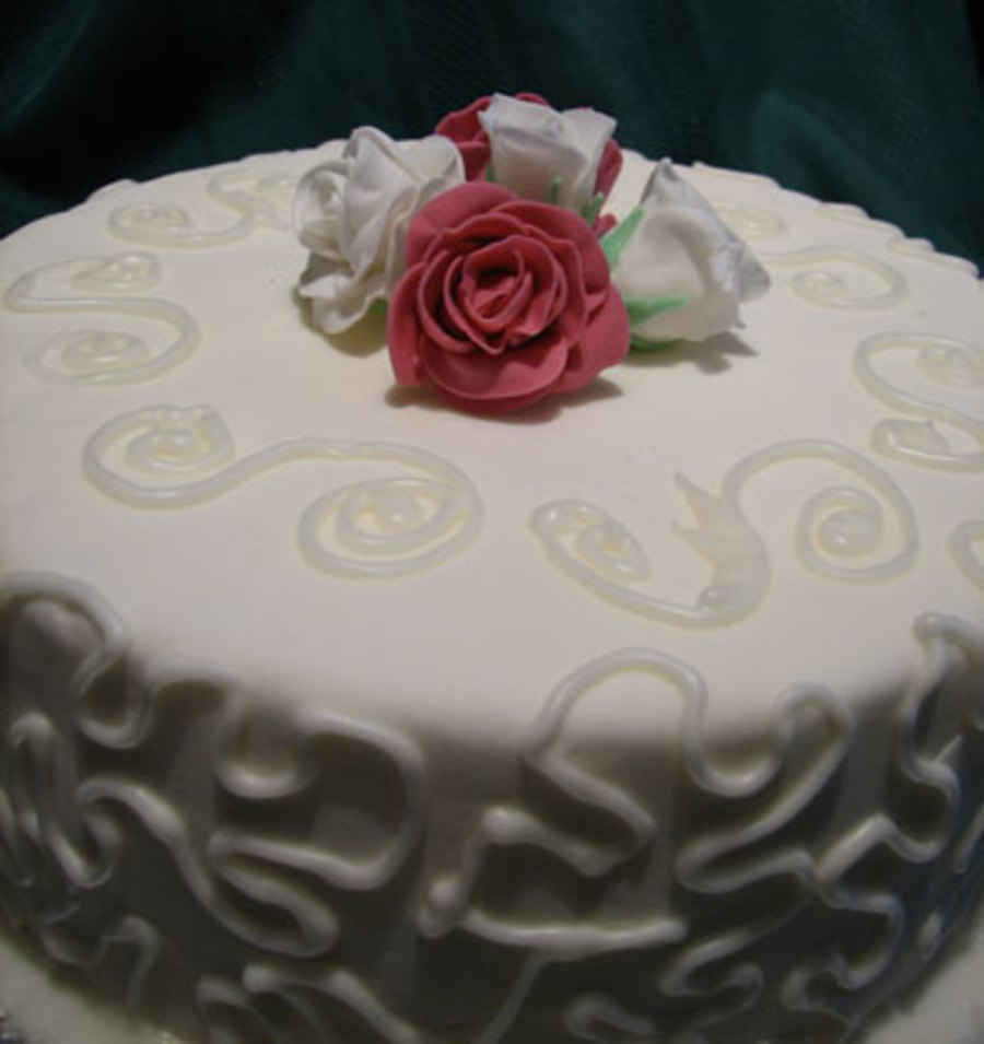 Fondant Covered With Cornelli Lace And Roses - CakeCentral.com