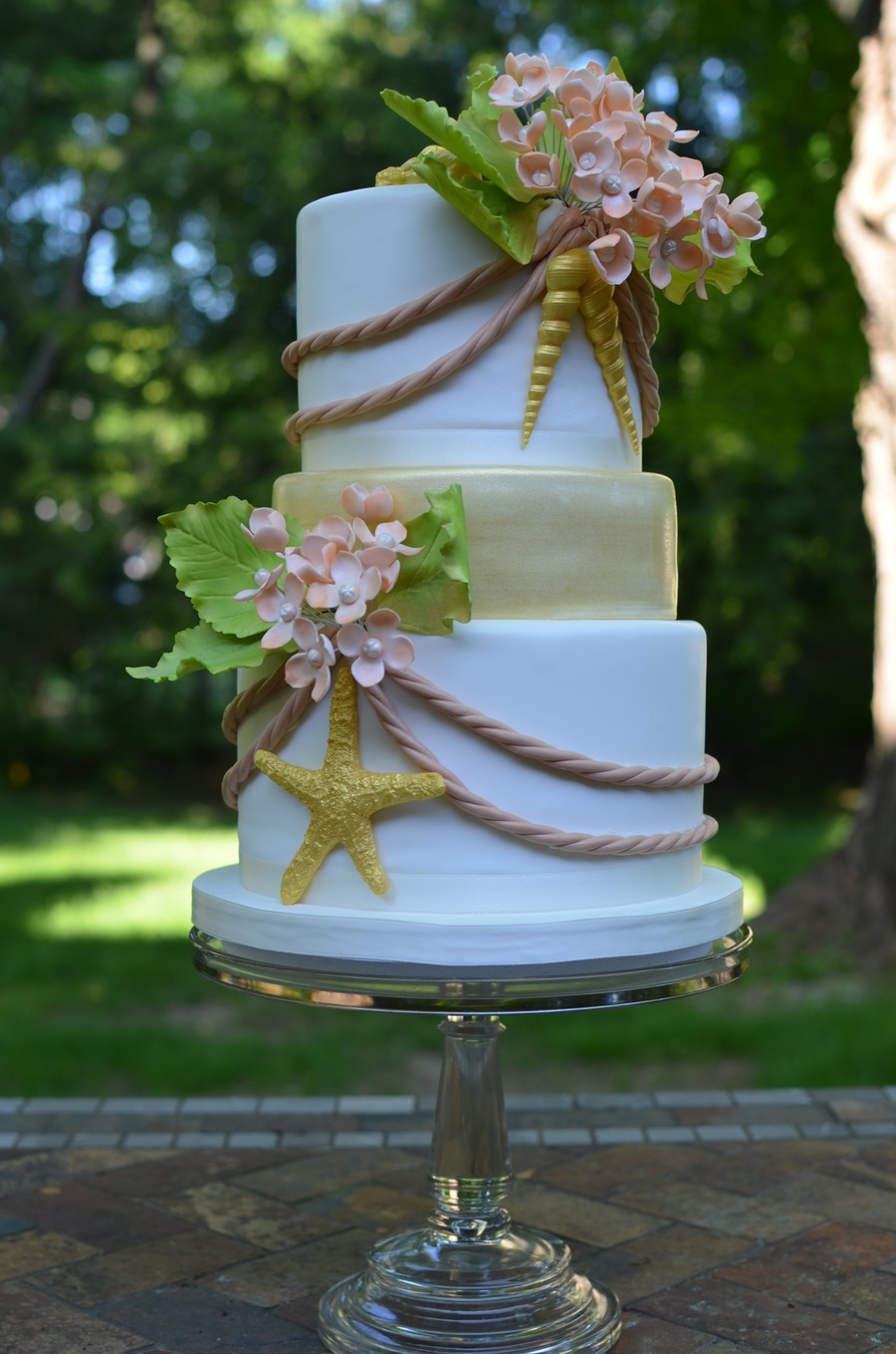 Bridal Shower Cake With Golden Seashells And Hydrangeas CakeCentral