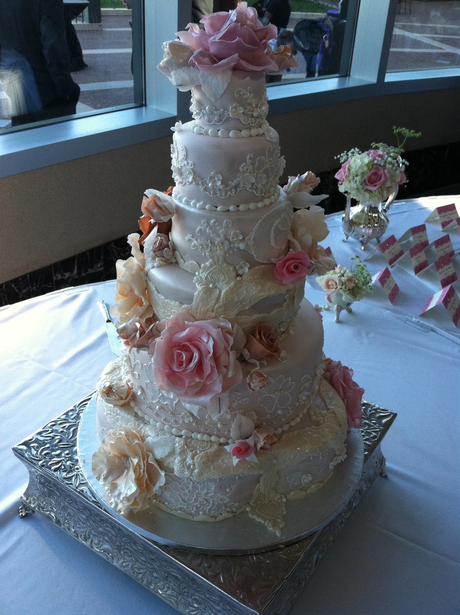 Vintage Lace And Flower Wedding Cake - CakeCentral.com