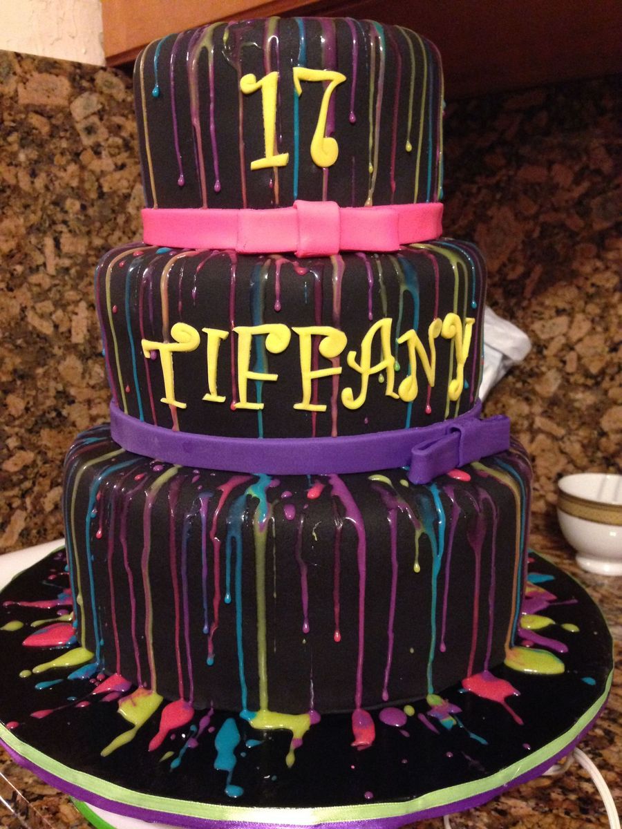 Black With Neon Color Drips Birthday Cake - CakeCentral.com