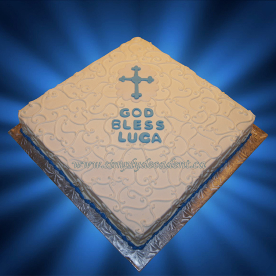 Square Buttercream Christening Cake With Scrolling And Fondant Cross ...