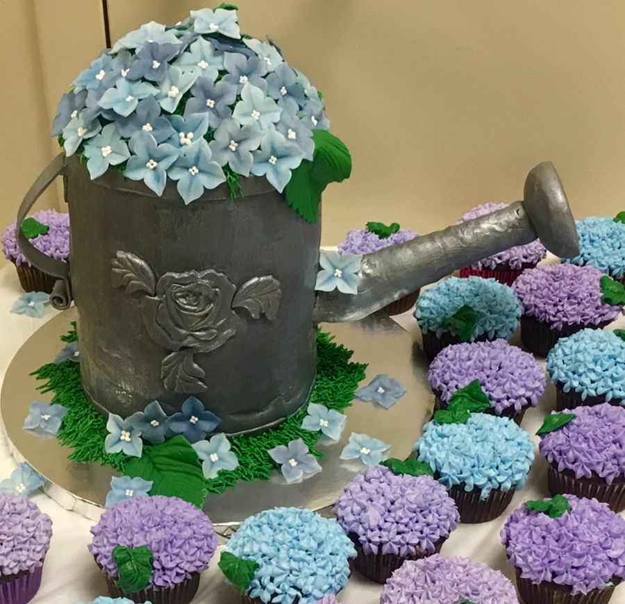 Watering Can Cake With Fondant Hydrangeas CakeCentral